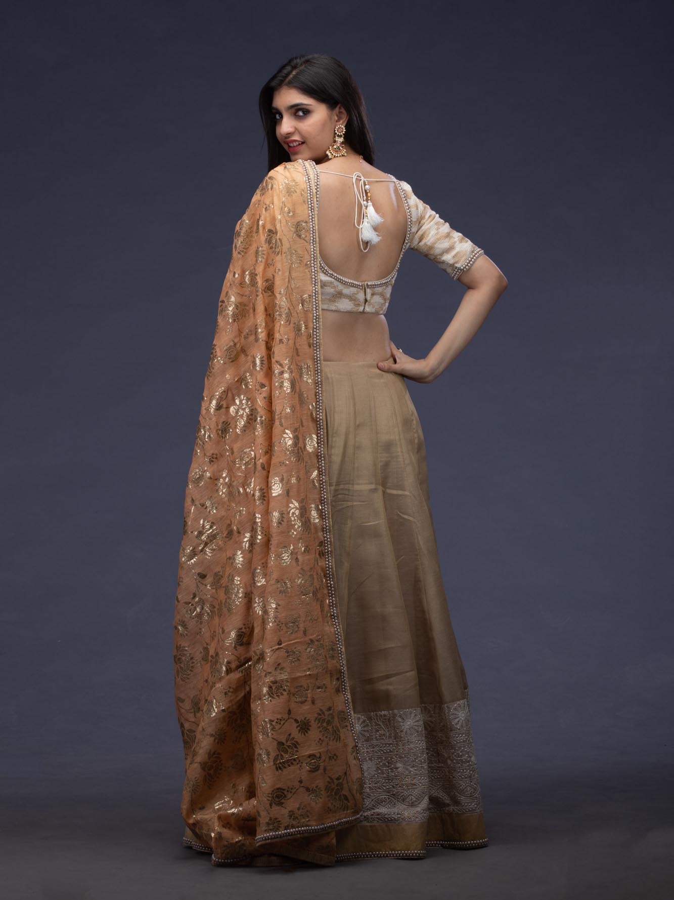 Beige Lehenga Set with Pearl Embroidery and Foil Printed Dupatta ...