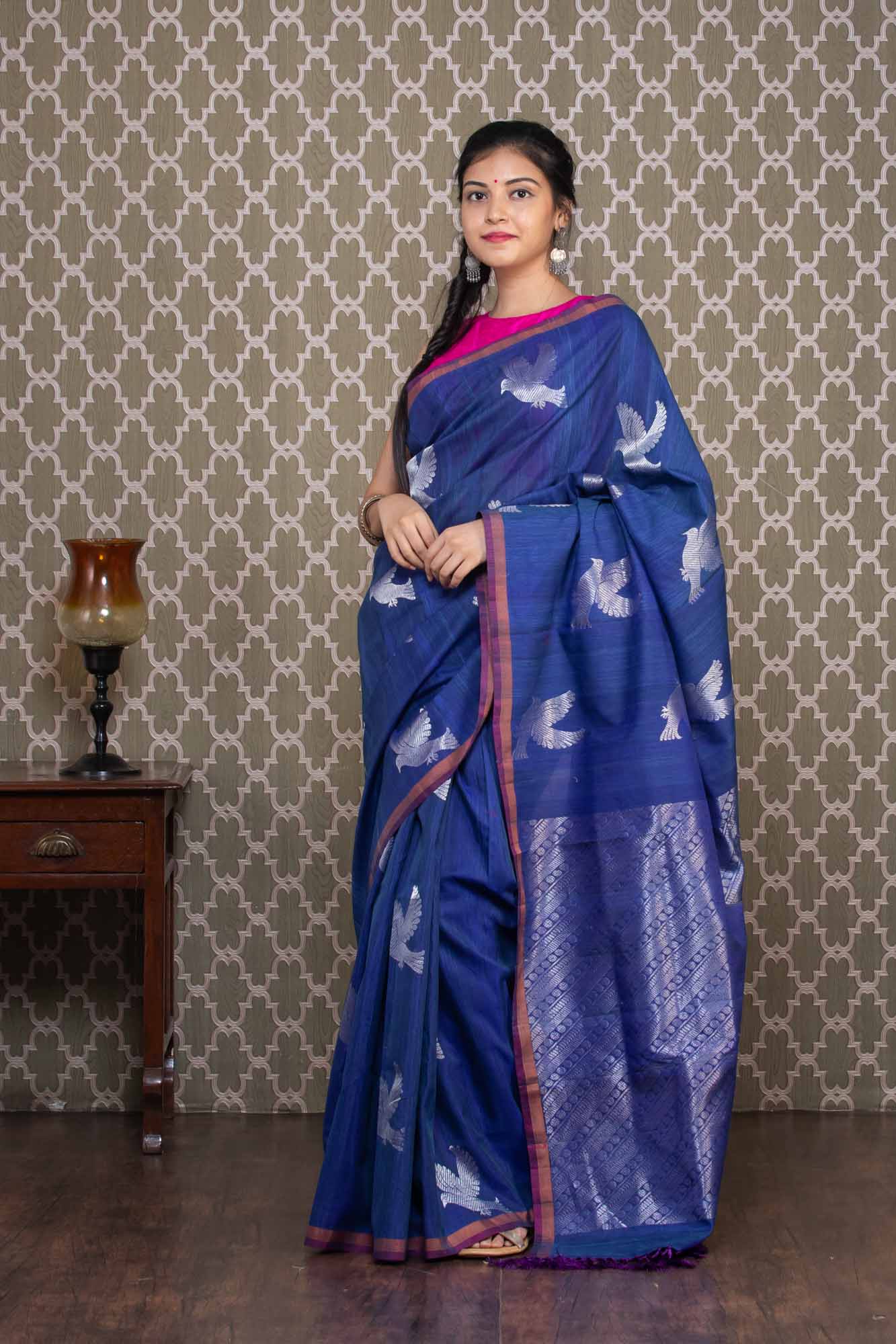 Organic Dyed Handloom Cotton Saree with Silver Bird Motives | Mamatha ...