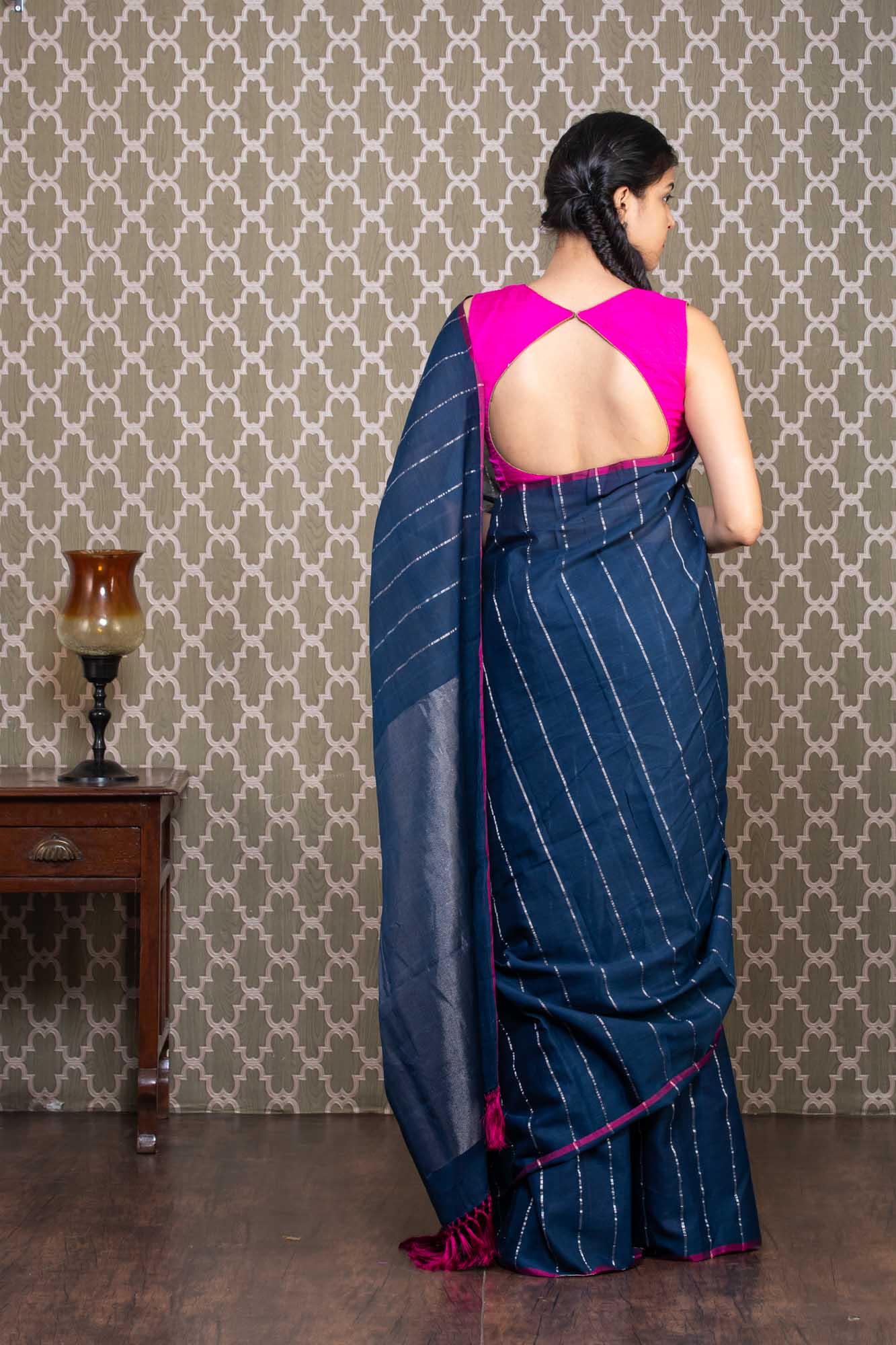 Organic Dyed Indigo Blue Cotton Saree with Silver Lines | Mamatha Tulluri