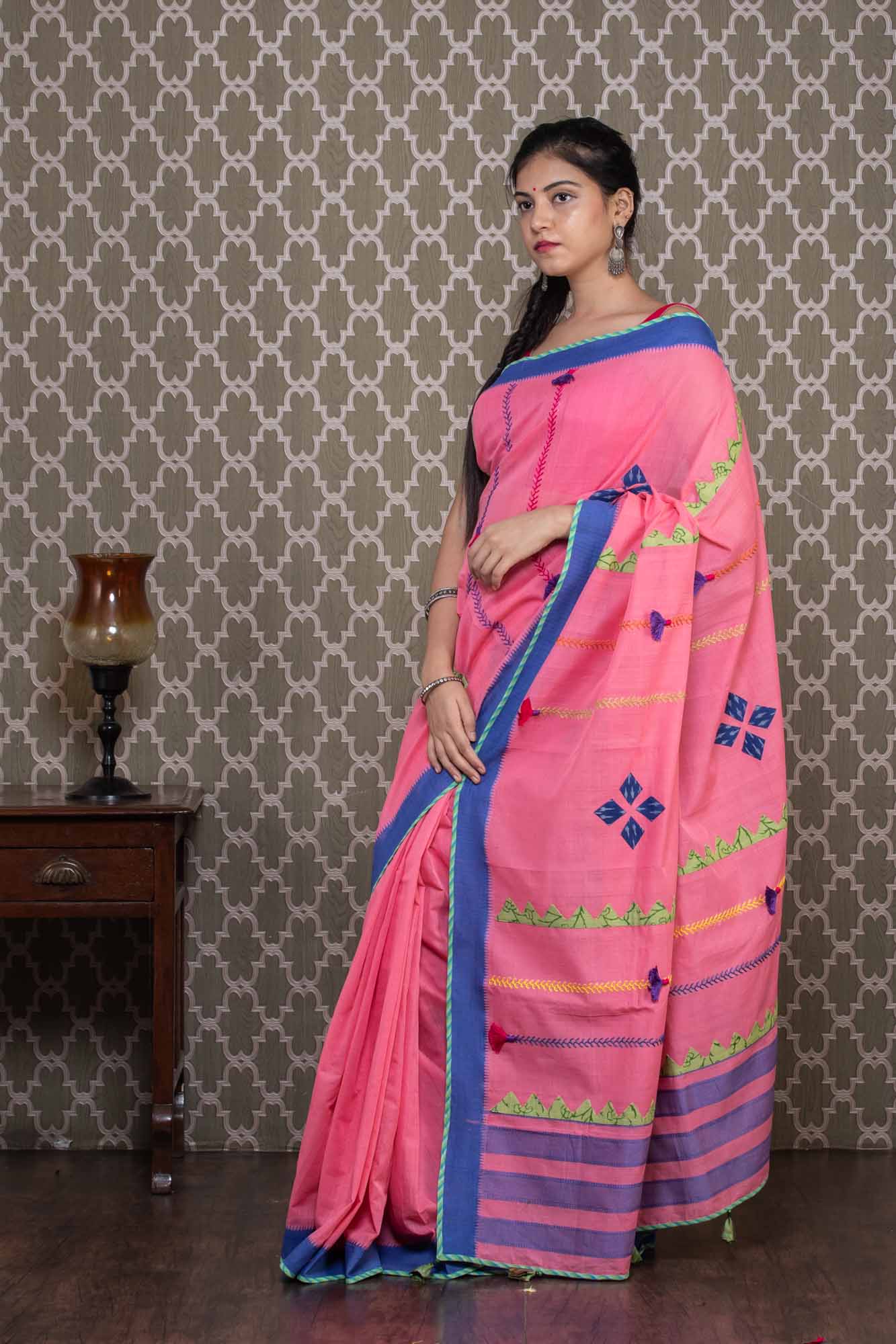 Pink Handloom Cotton Saree with Applique Embroidery | Mamatha Tulluri
