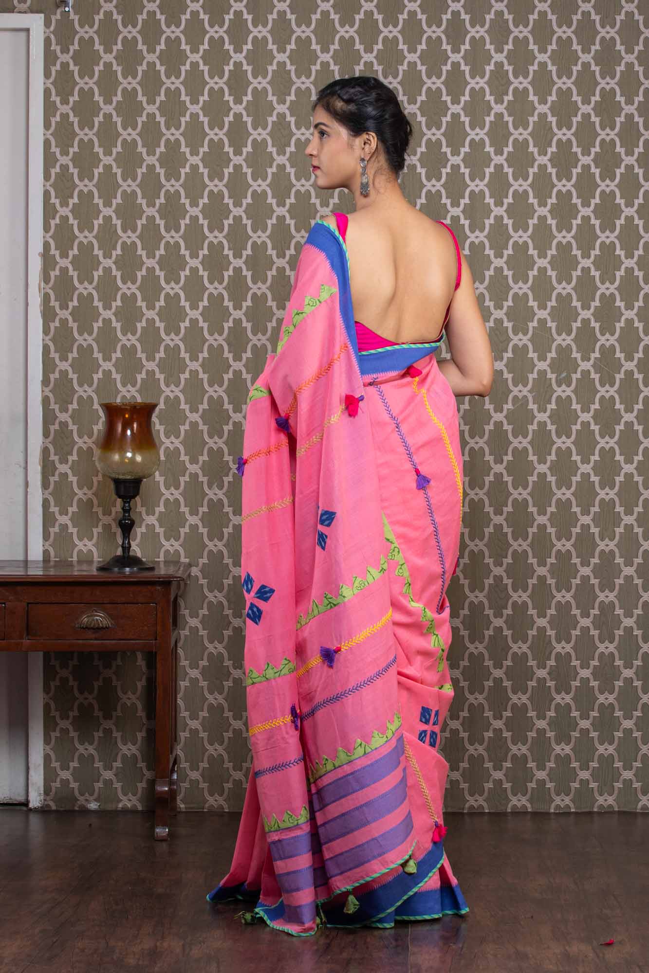 Pink Handloom Cotton Saree with Applique Embroidery | Mamatha Tulluri