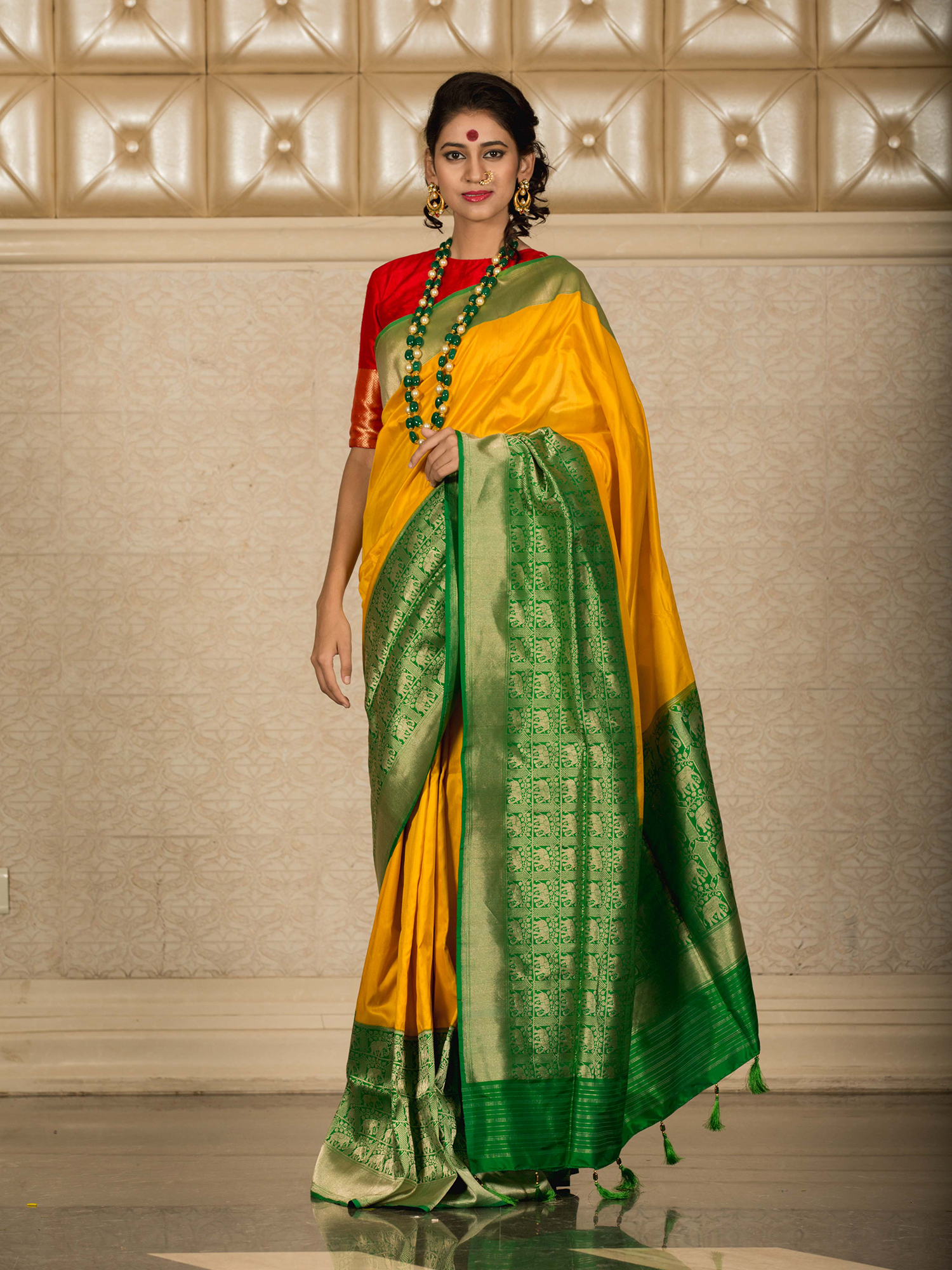 Yellow Banarasi Sari With Green Checked Border | Mamatha Tulluri