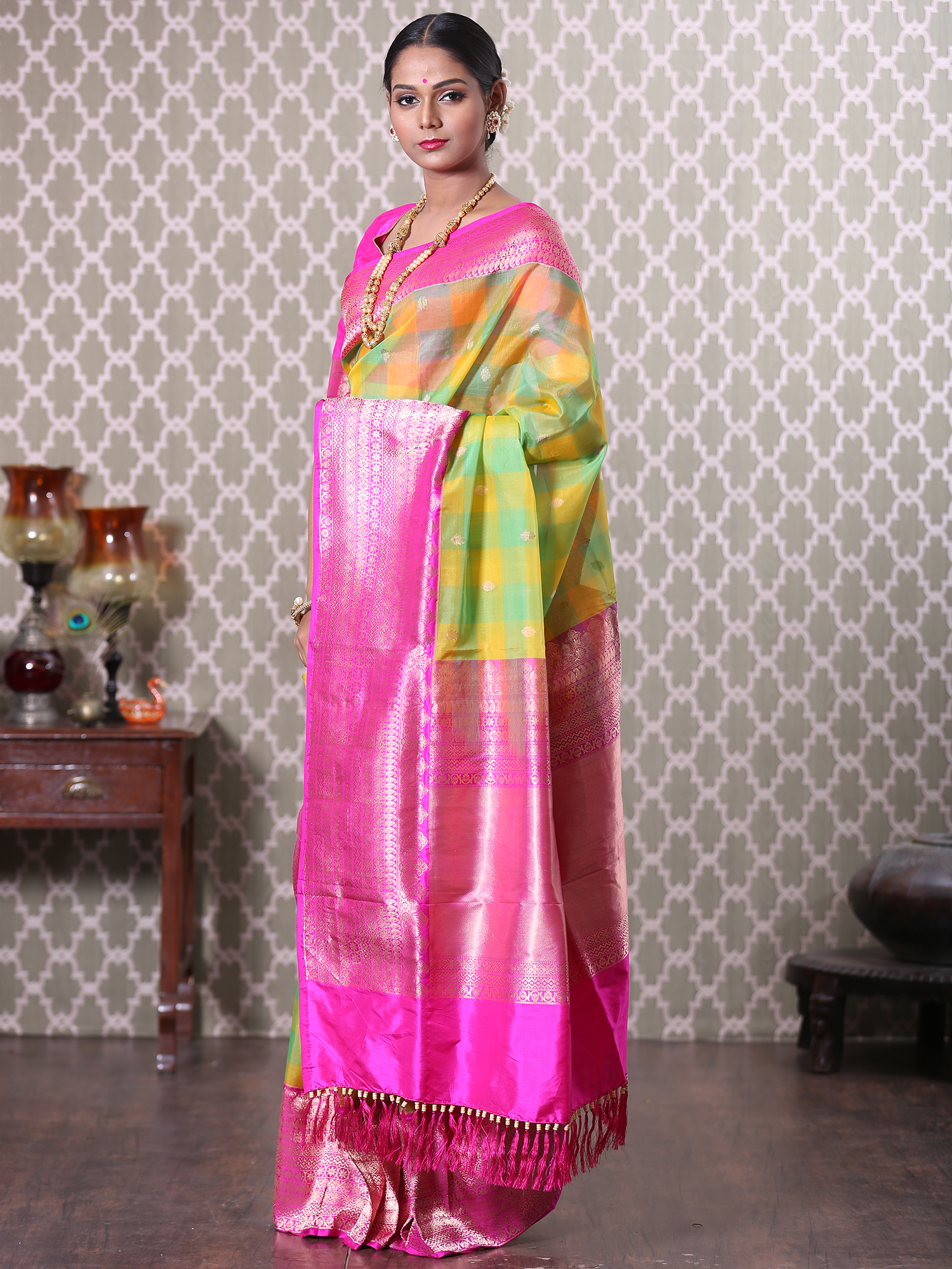 Green and Yellow Checks Banarasi Kora Saree with Pink Border | Mamatha ...