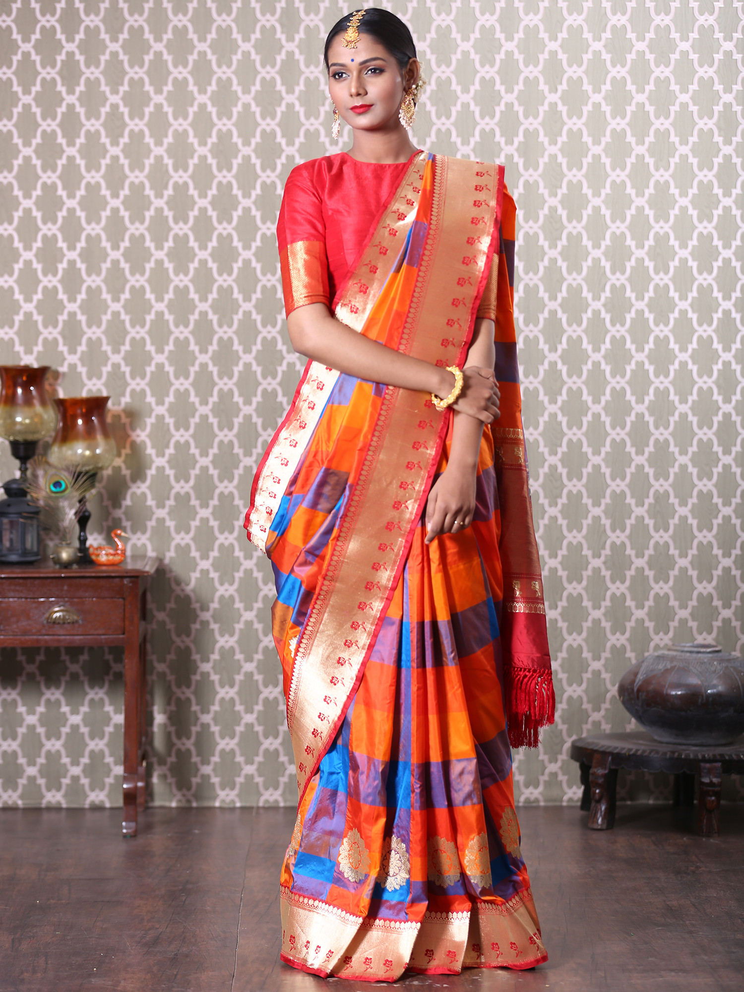 Orange and Blue Checks Saree with Red Border | Mamatha Tulluri