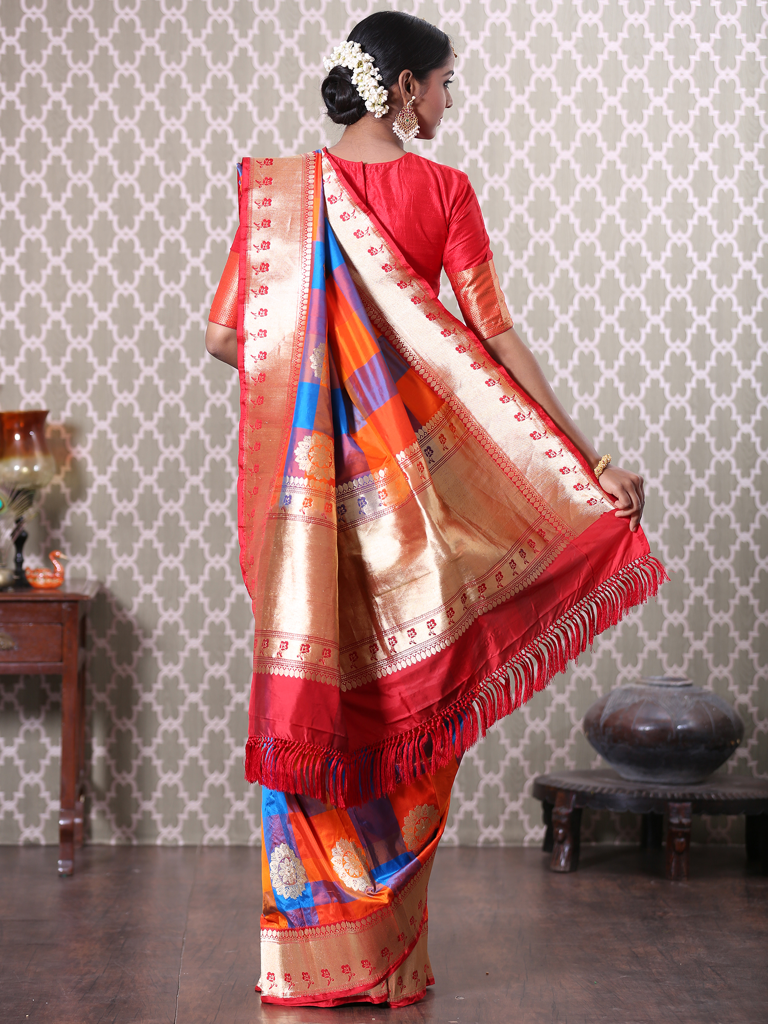Orange and Blue Checks Saree with Red Border | Mamatha Tulluri