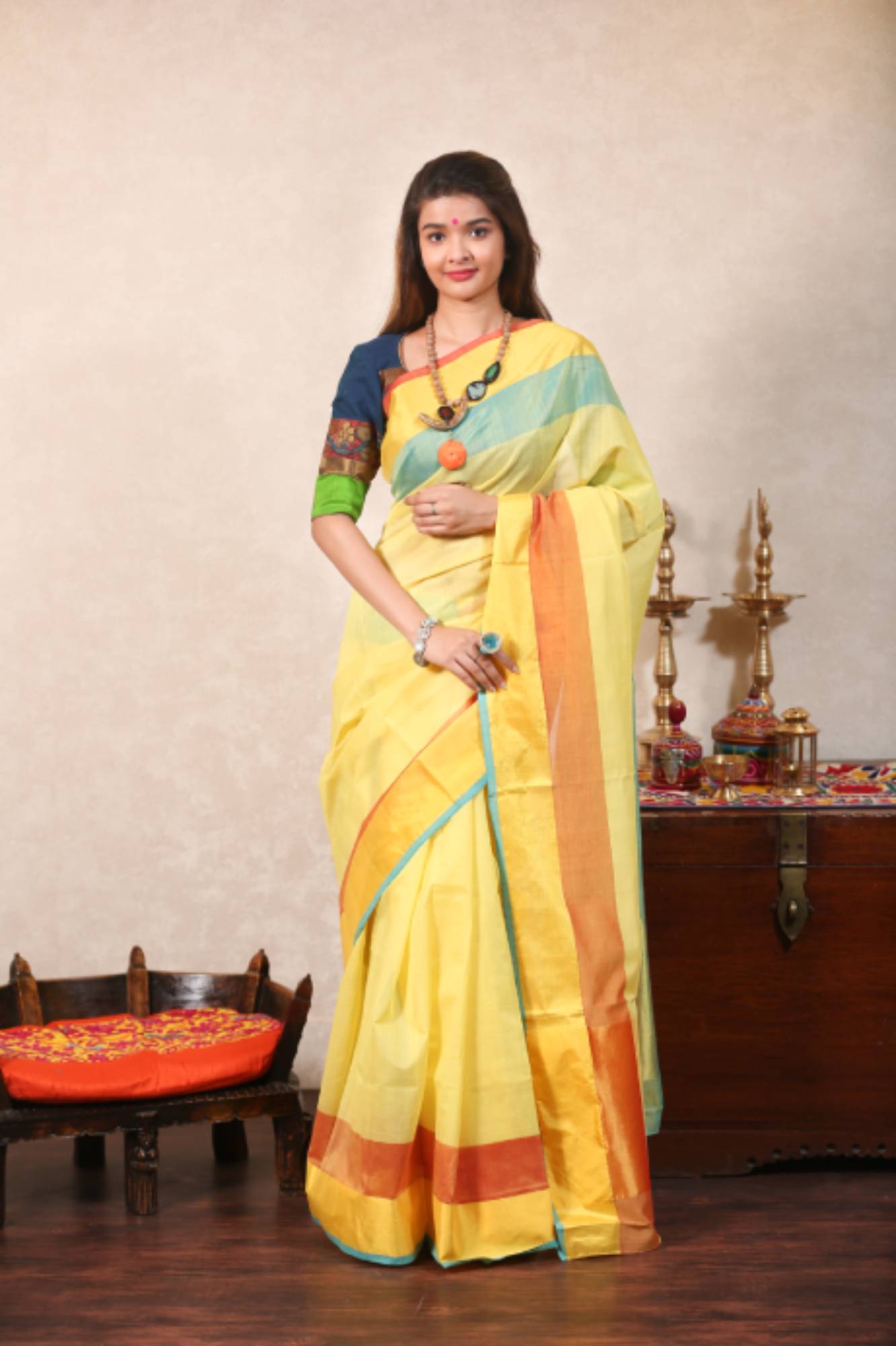 Yellow Cotton Sari With Double Border | Mamatha Tulluri