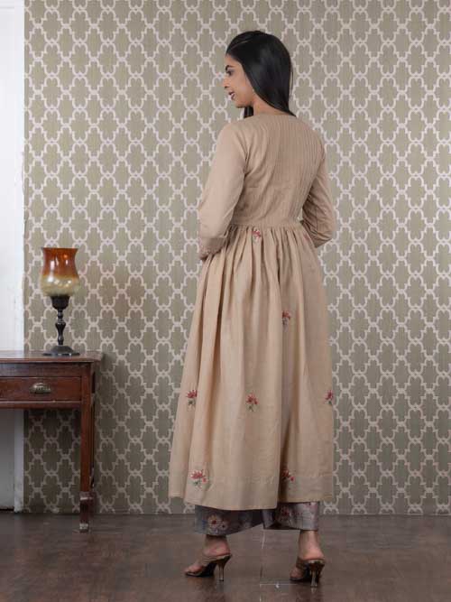 Beige Mal Cotton Frock Style Embroidered Kurti with Pants | Mamatha Tulluri